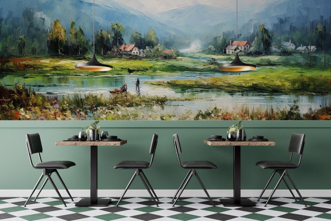 Landscape Blue Wallpaper Mural Peel and Stick, Countryside Wallpaper ...