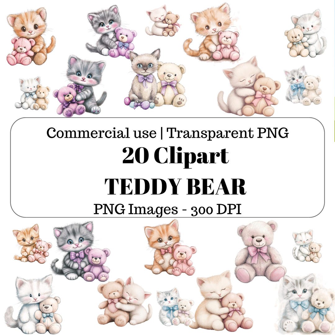Teddy Bear and Cat, Png Clipart, Digital Scrapbooking, Digital Clipart ...