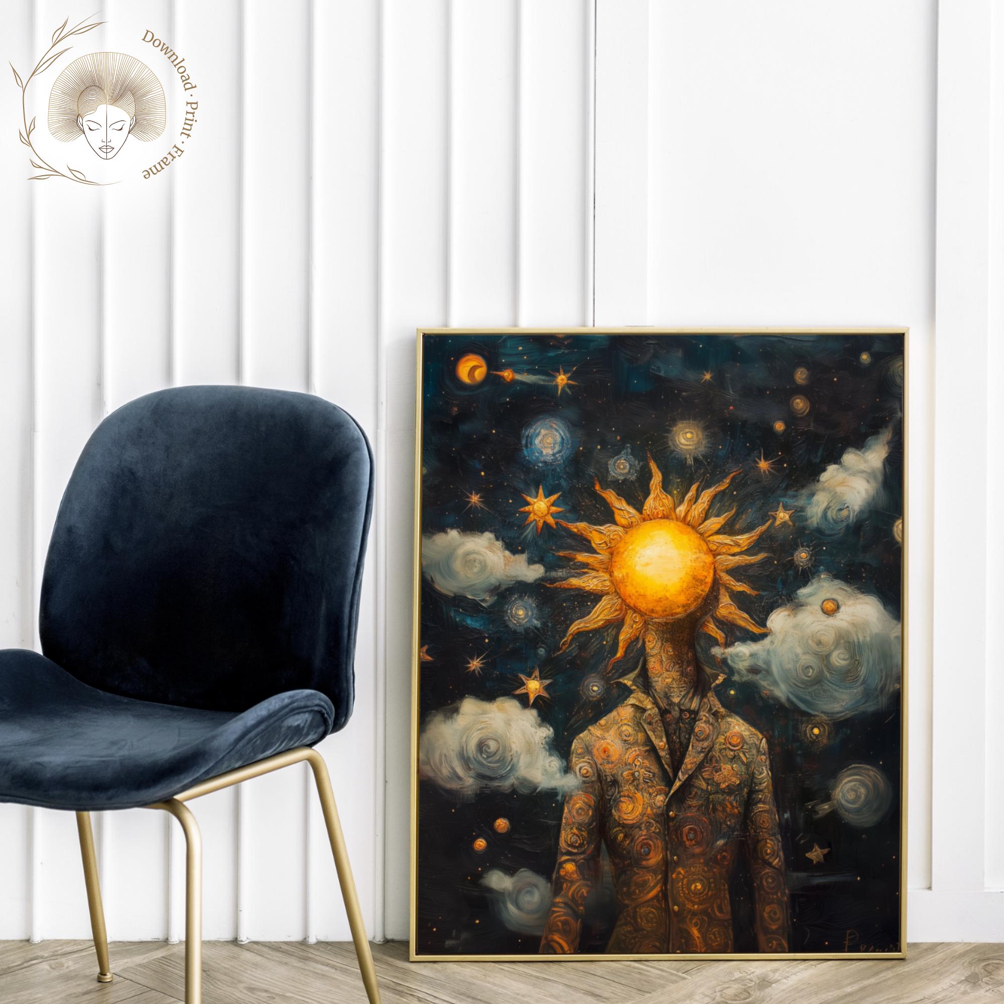Celestial Sun and Starry Sky Print | Printable Surreal Abstract Wall ...