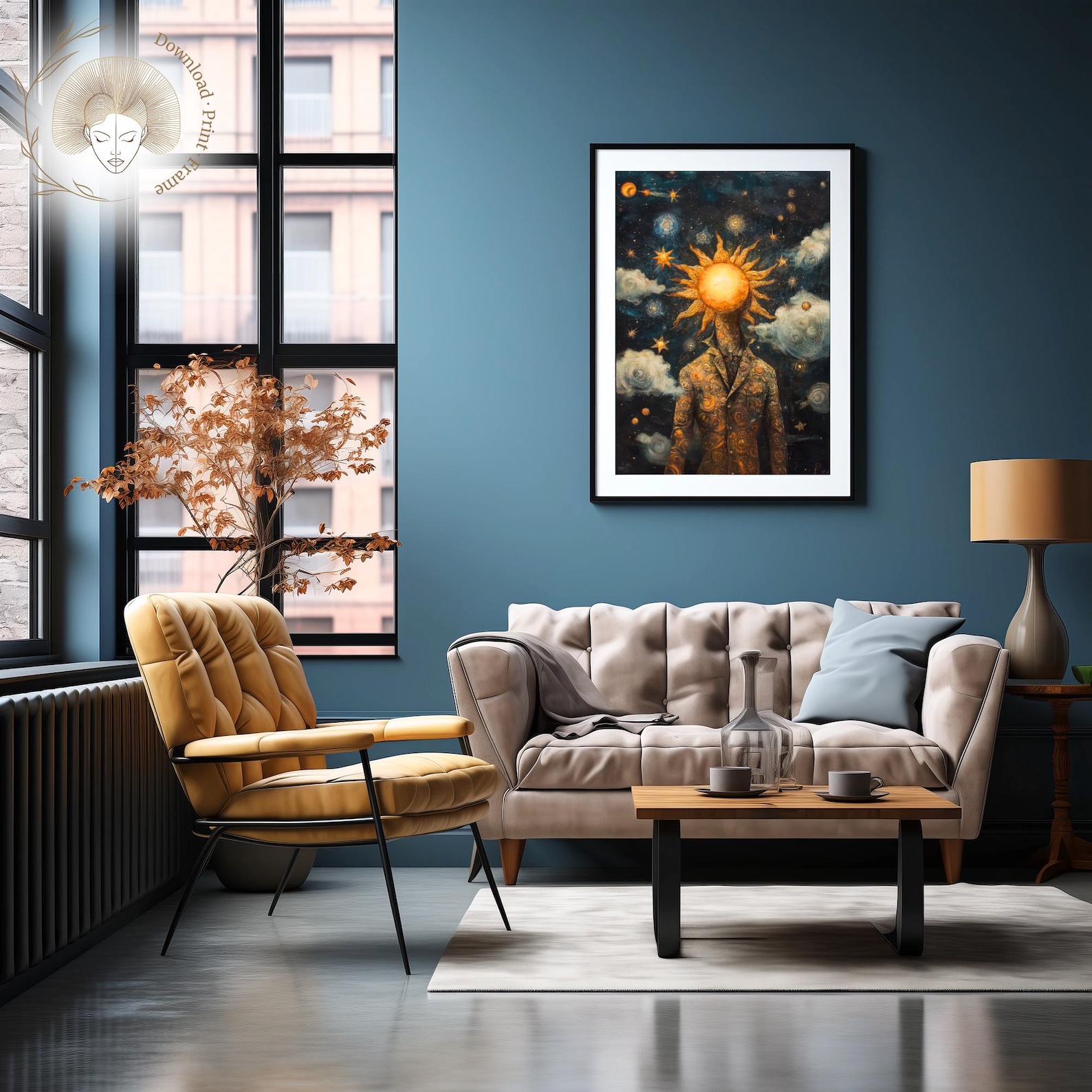 Celestial Sun and Starry Sky Print | Printable Surreal Abstract Wall ...