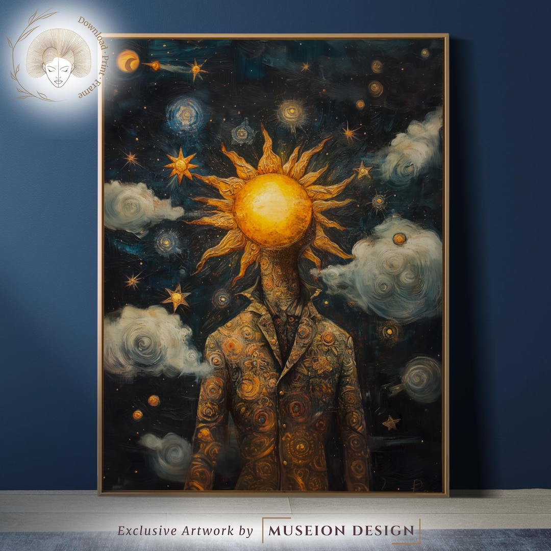 Celestial Sun and Starry Sky Print | Printable Surreal Abstract Wall ...