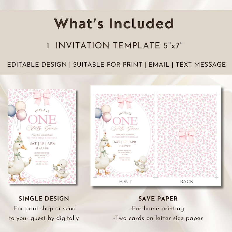 Silly Goose 1st Birthday Invitation: Pink Floral, Editable Canva ...