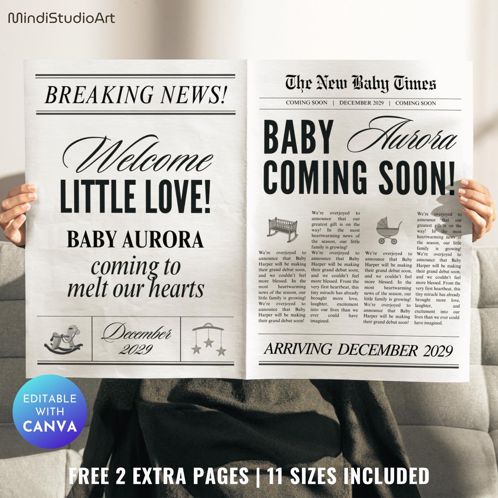 Baby Announcement Newspaper Template: Editable Canva Design (digital ...