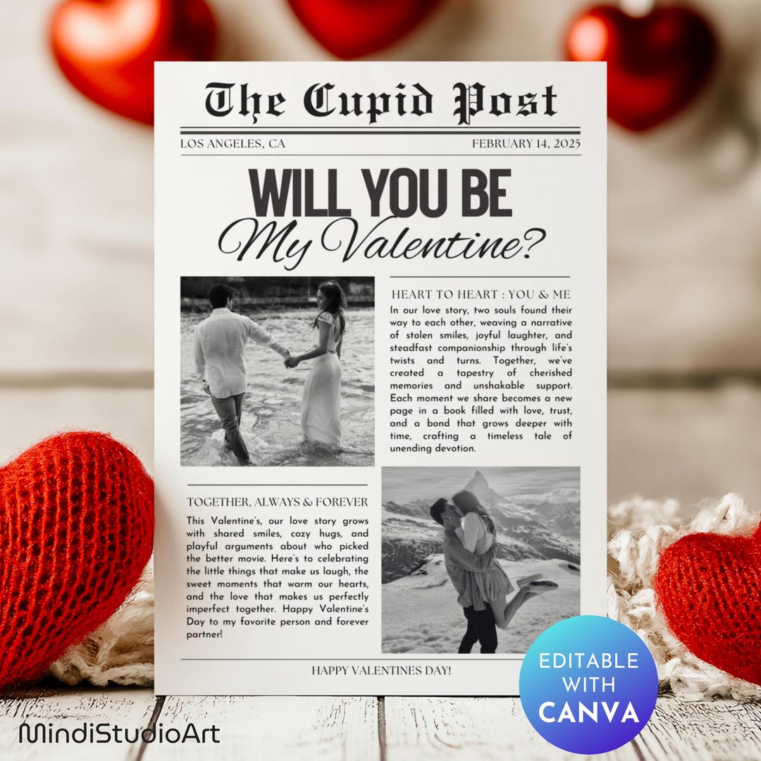 Valentines Cupid Times Newspaper | Editable Canva Template | Will You ...