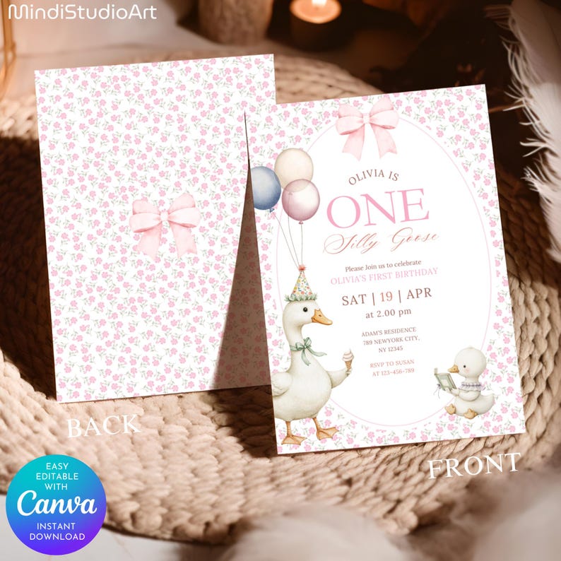 Silly Goose 1st Birthday Invitation: Pink Floral, Editable Canva ...