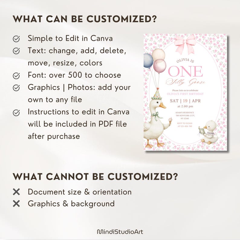 Silly Goose 1st Birthday Invitation: Pink Floral, Editable Canva ...