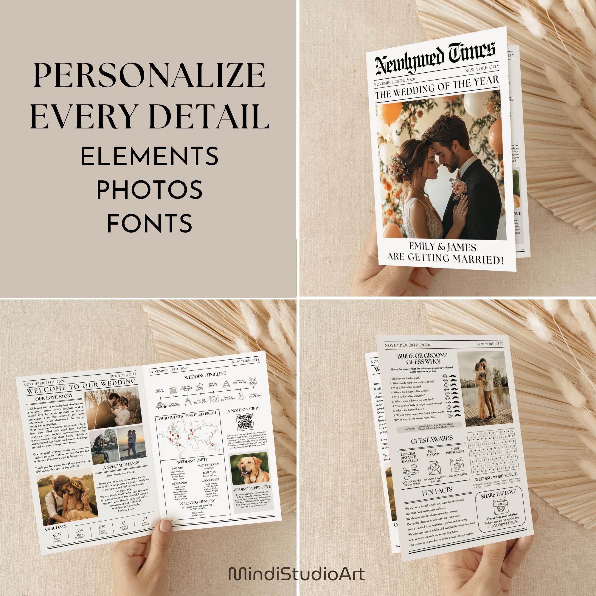 Wedding Newspaper Template With Photo: Editable Itinerary (digital ...
