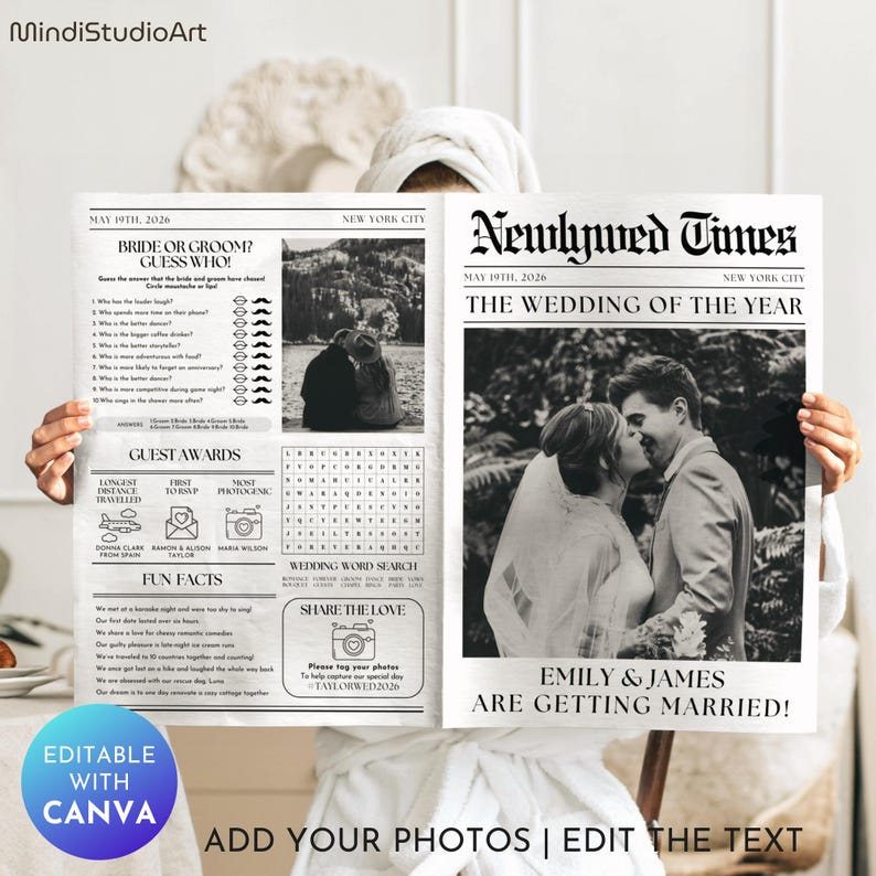 Wedding Newspaper Template With Photo, Newlywed Times, Editable ...