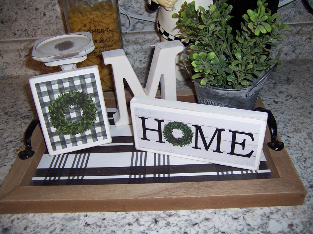 Boxwood Wreath Sign, Buffalo Plaid, Home Sign, Tiered Tray Decor ...