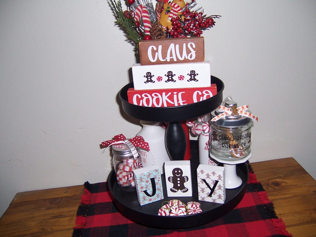 Claus Cookie Co Stackable Signs, Gingerbread Jar Canister, Tiered Tray ...