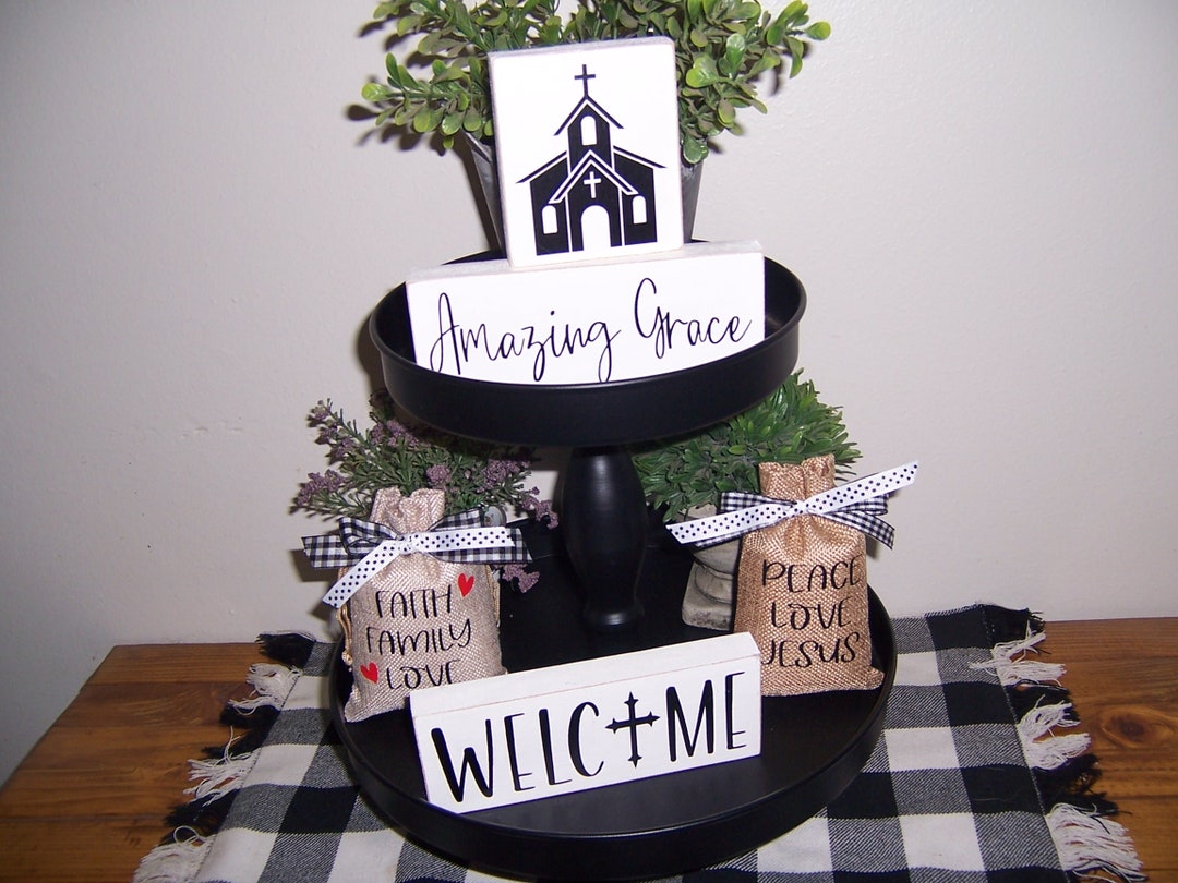 Peace Love Jesus Mini Burlap Sack, Religious Tiered Tray, Amazing Grace ...