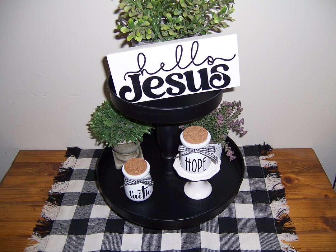 Rustic Hello Jesus Sign: Mini Jars, Religious Tiered Tray Decor - Etsy