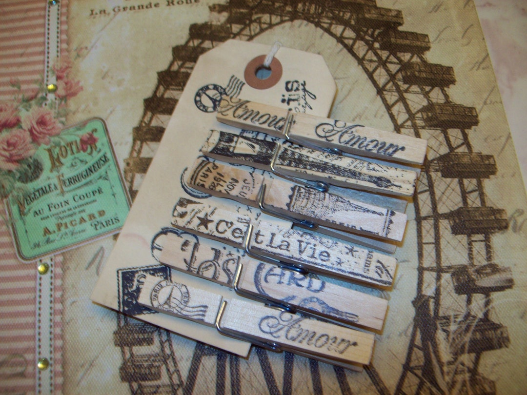 FRENCH Handstamped Clothes Pins Tag PARIS Decor,french Decor,shabby ...
