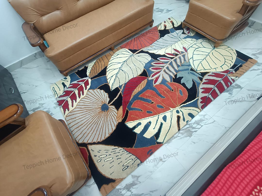 Hand Tufted Wool Rug, Red Orange Leaf Pattern Carpet - Etsy