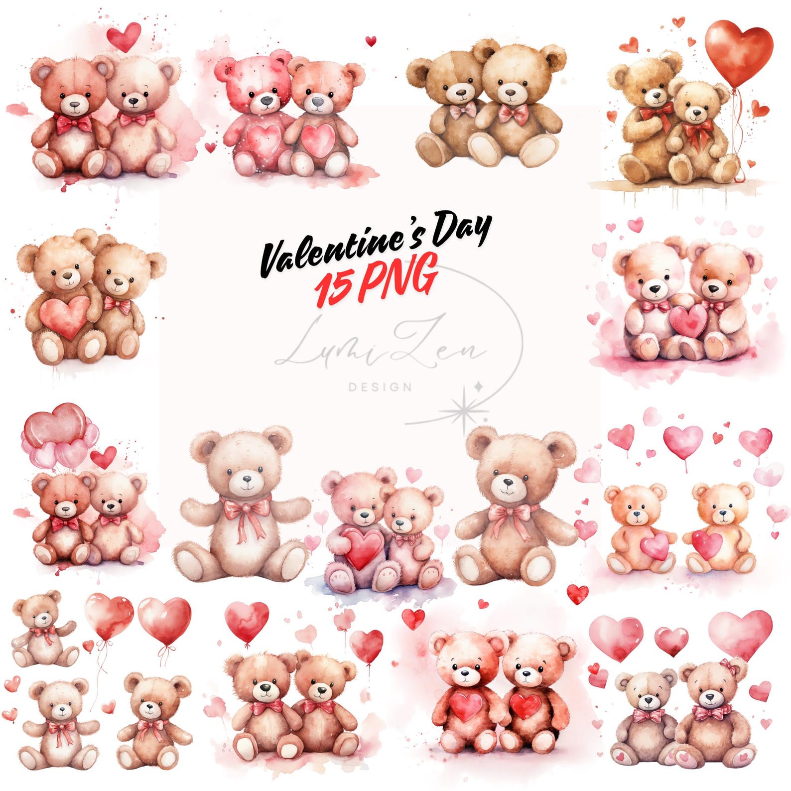 Valentines Day Teddy Bears Clipart Set, Sweet Valentine PNG, Love ...