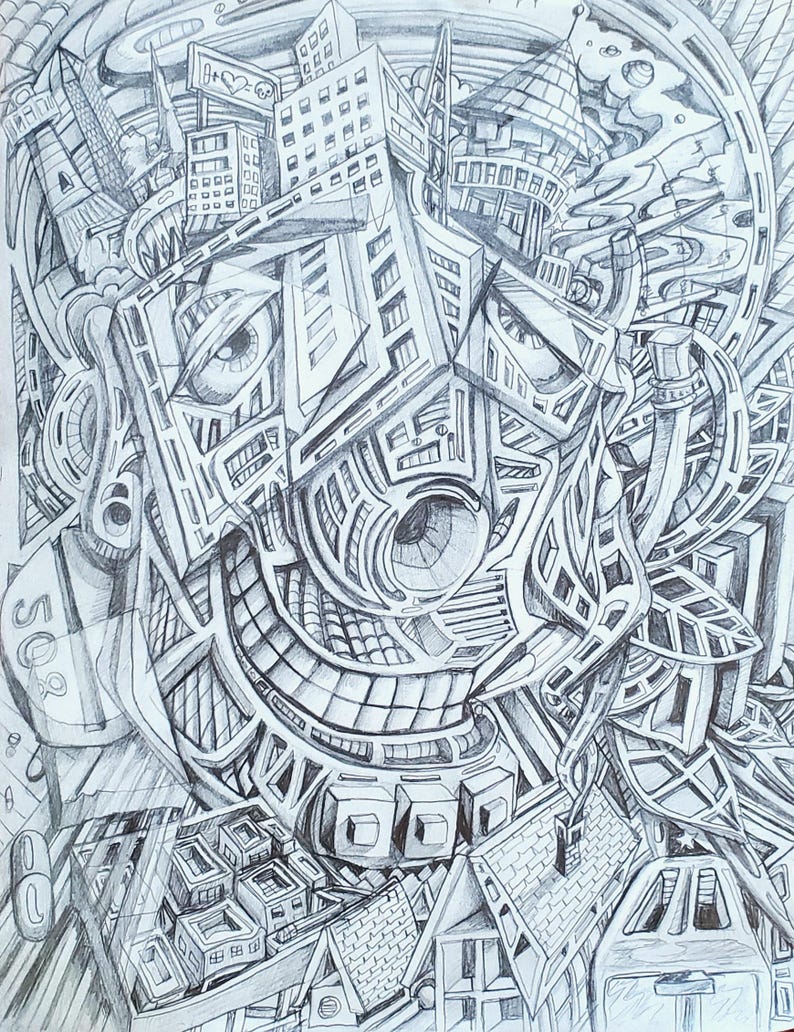 Metropolis Face-graphite Pencil -watercolor Paper. 2022 - Etsy