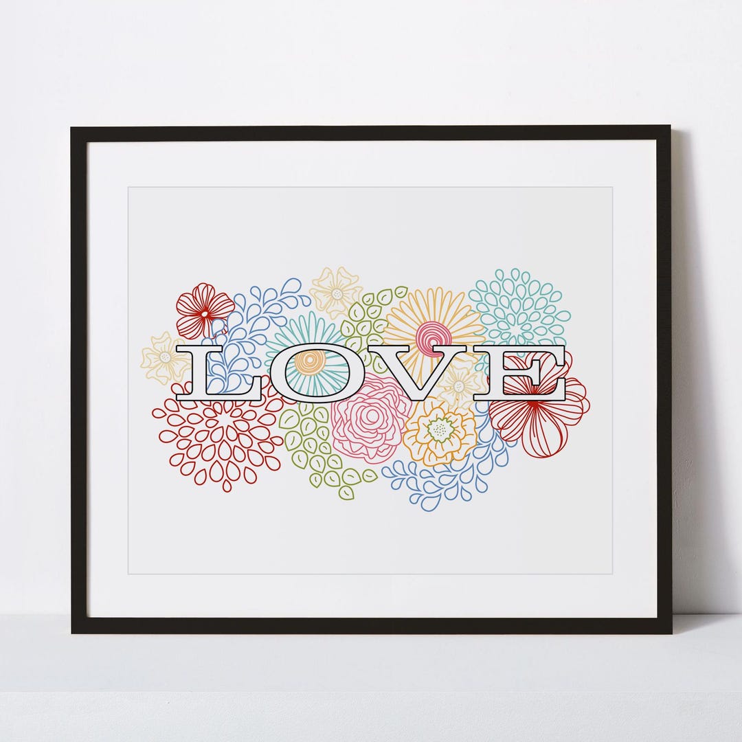 LOVE - Colorful Flowers Line Art Print - Oversized Floral Artwork ...