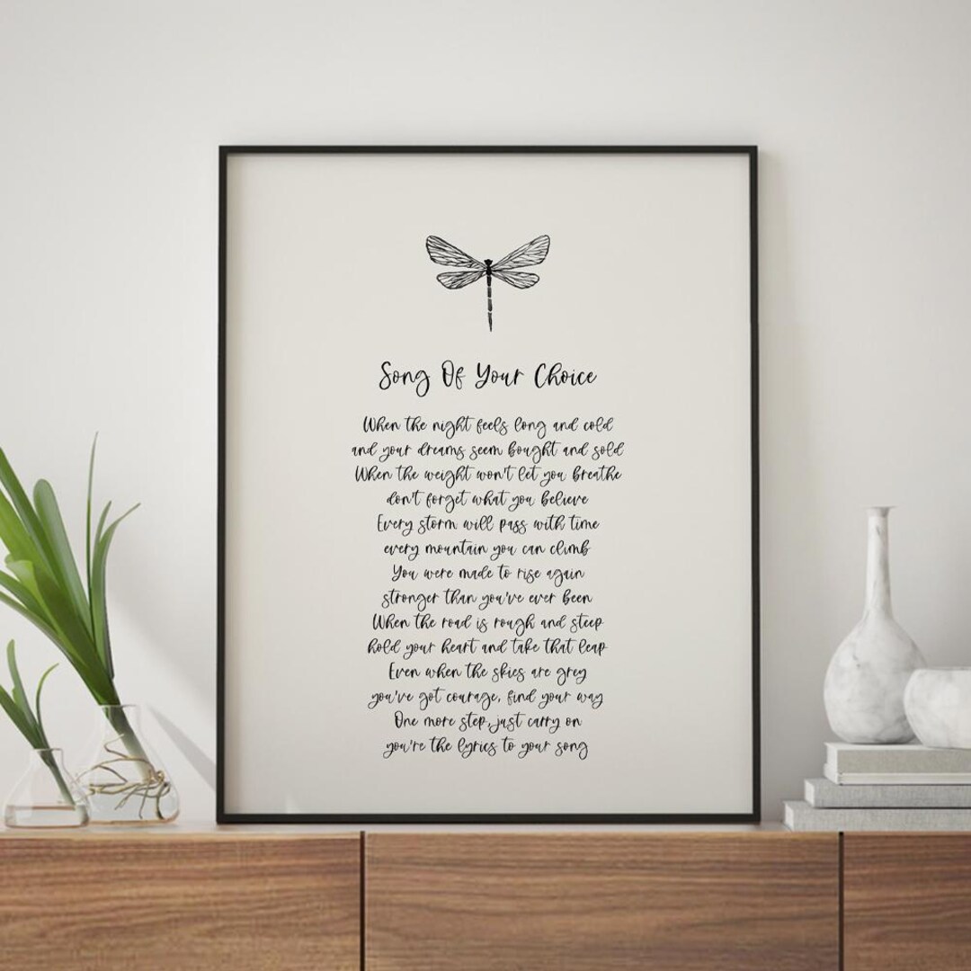 Custom Dragonfly Song Lyric Wall Art Poem Print for Memorial Home Decor ...