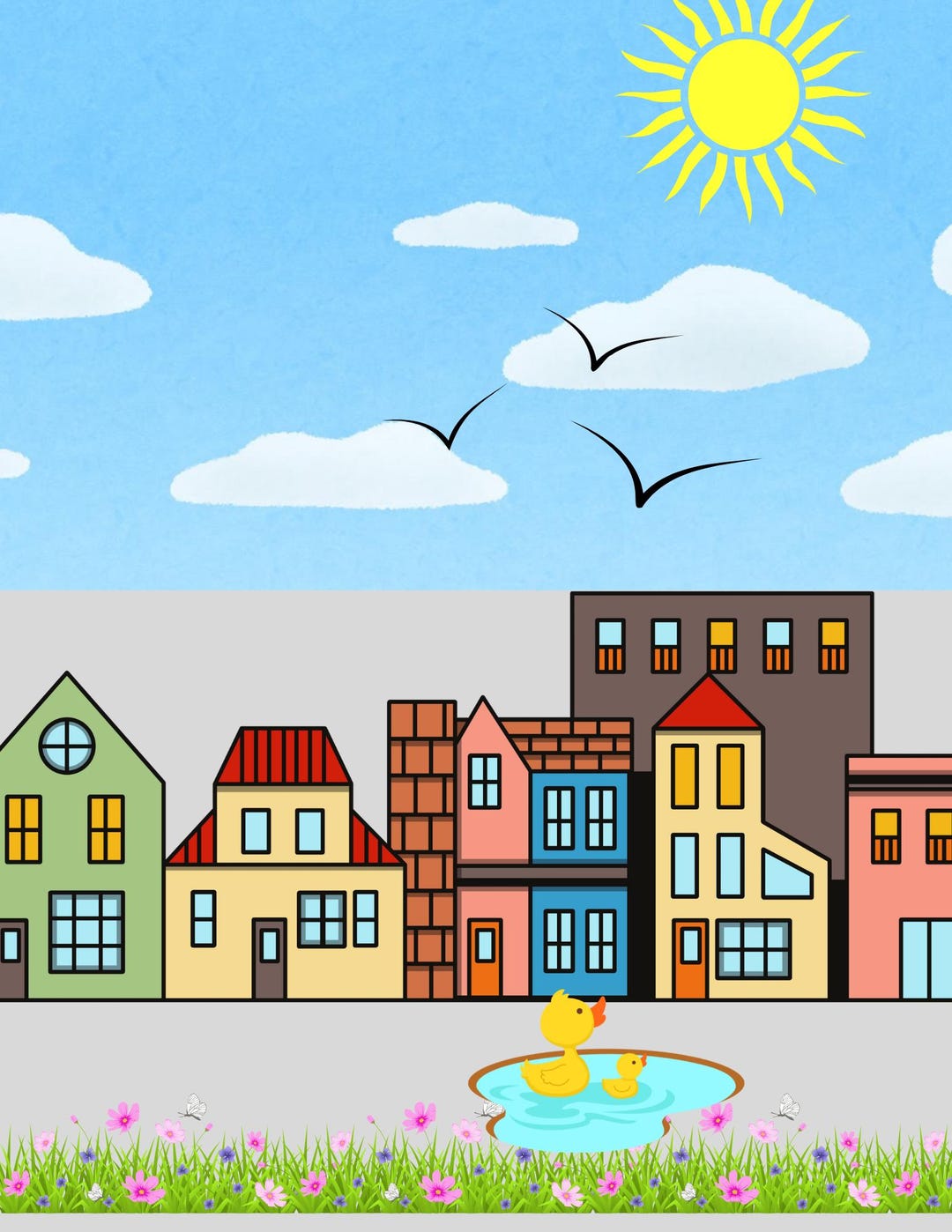 Whimsical Town Scene Printable With Pond and Nature, Happy Town Print ...