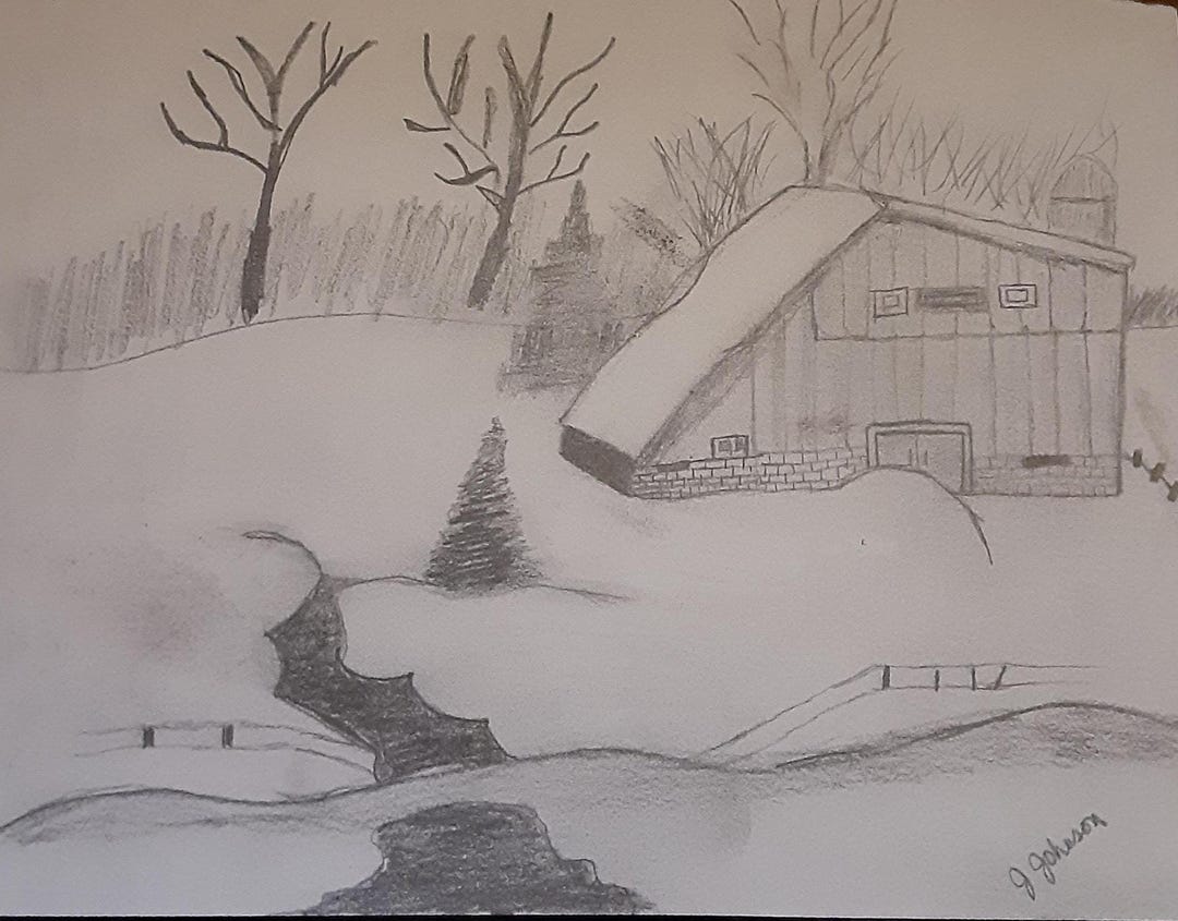 Rustic Barn Pencil Drawing With Stream, Trees, and a Fence, Country ...