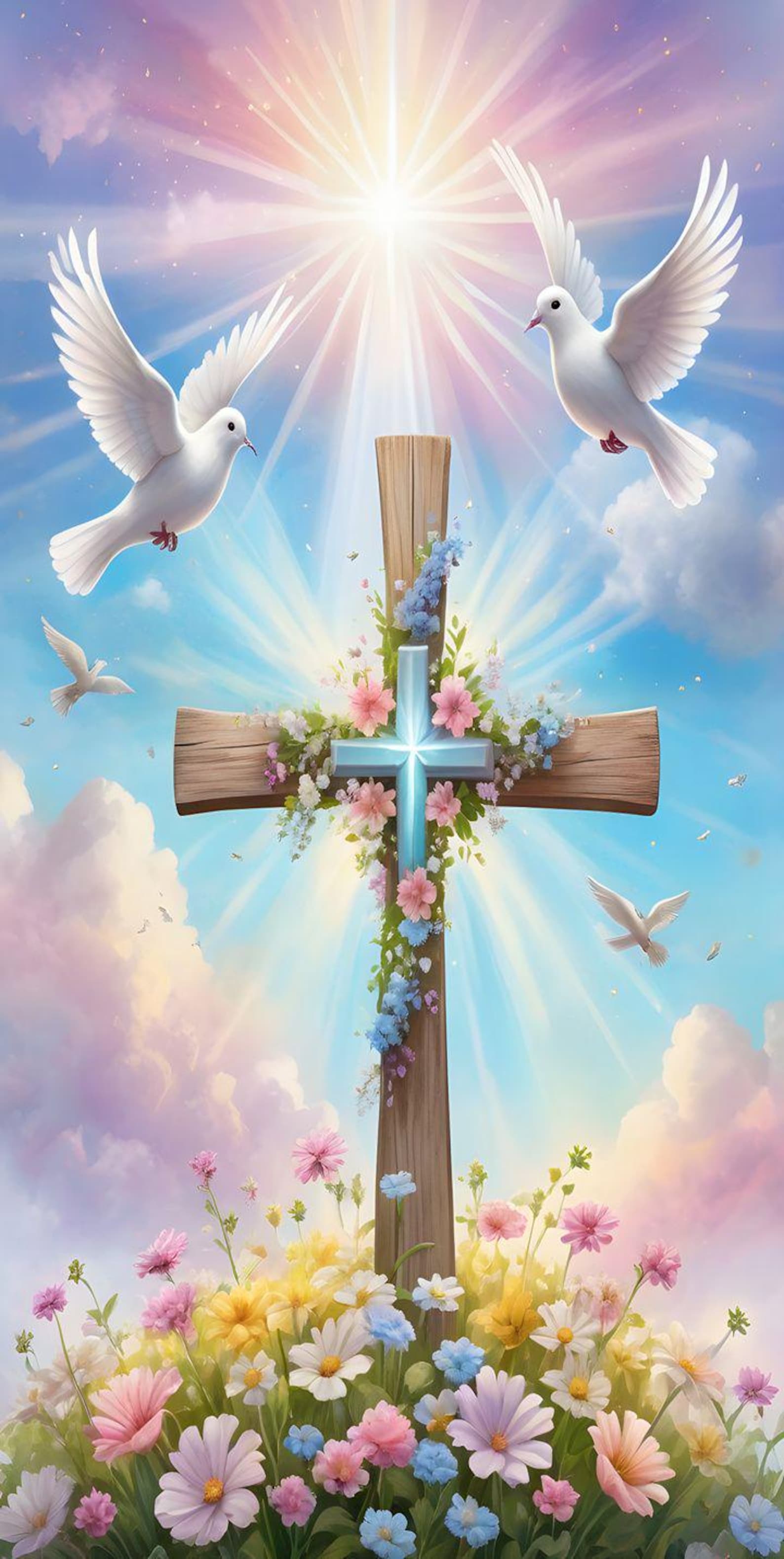 Sunlit Cross With Doves Print: Inspirational Christian Wall Art (16x20 ...