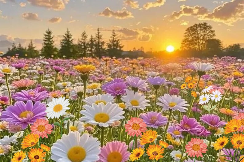 Daisy Field Sunset Print: Colorful Wildflower Meadow Landscape (30x20 ...