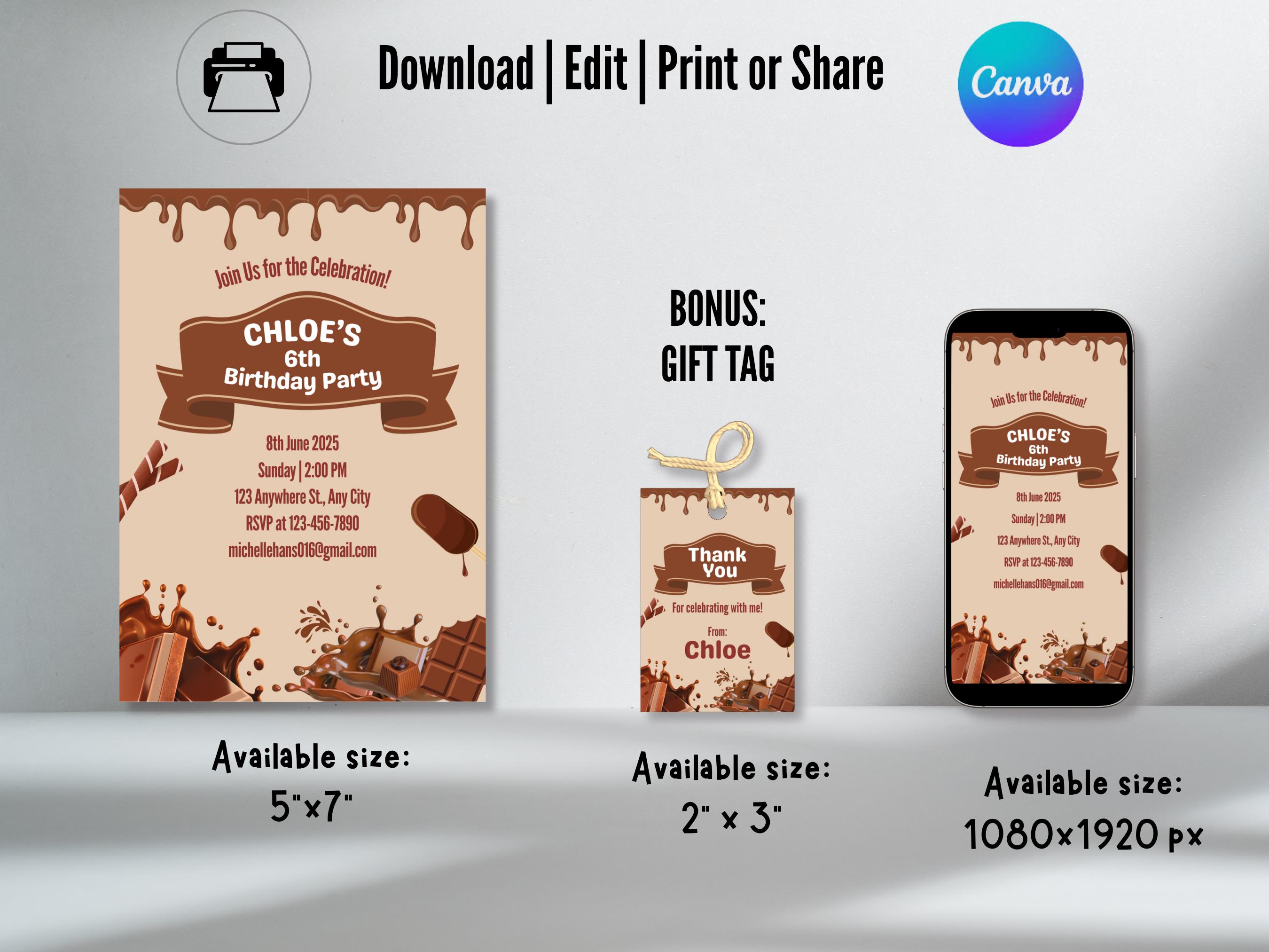 Instant Download Chocolate Design Birthday Invitation Template ...