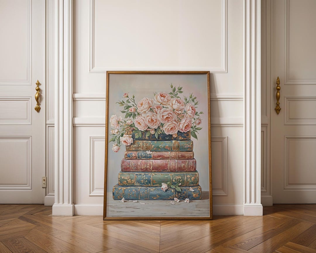 Vintage Floral Book Stack Art Print, Bookish Wall Art, Book Nook Decor, Digital Wall Art, Book ...