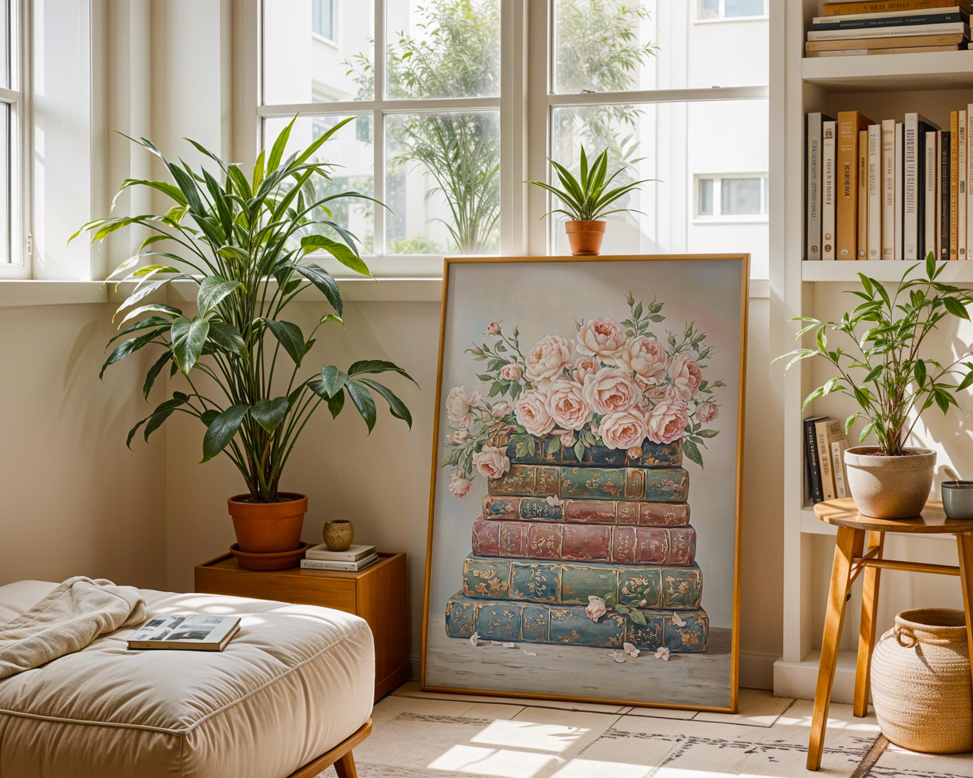Vintage Floral Book Stack Art Print, Bookish Wall Art, Book Nook Decor ...