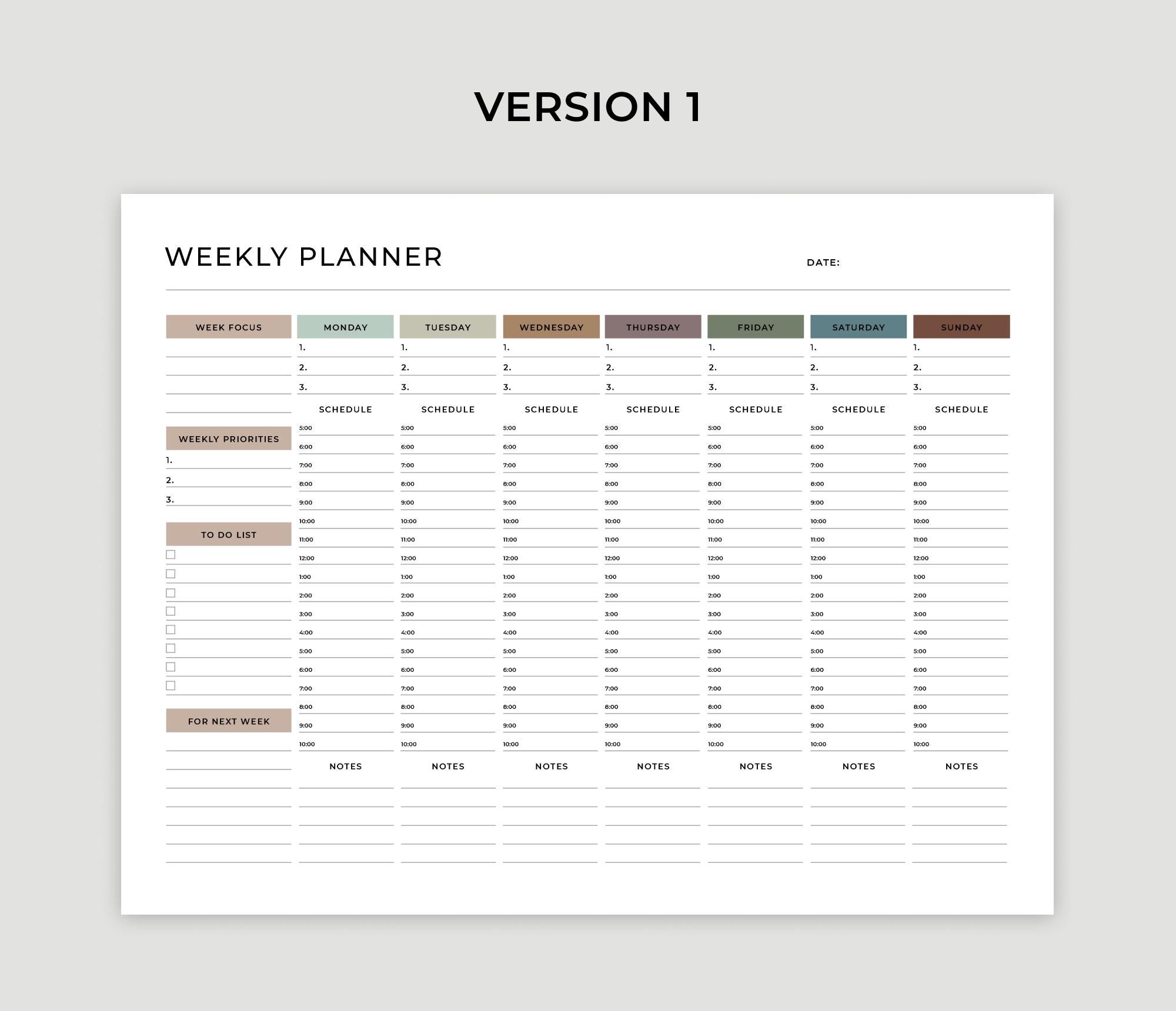 Weekly Hourly Planner: Printable Undated Organizer (a4/letter PDF ...