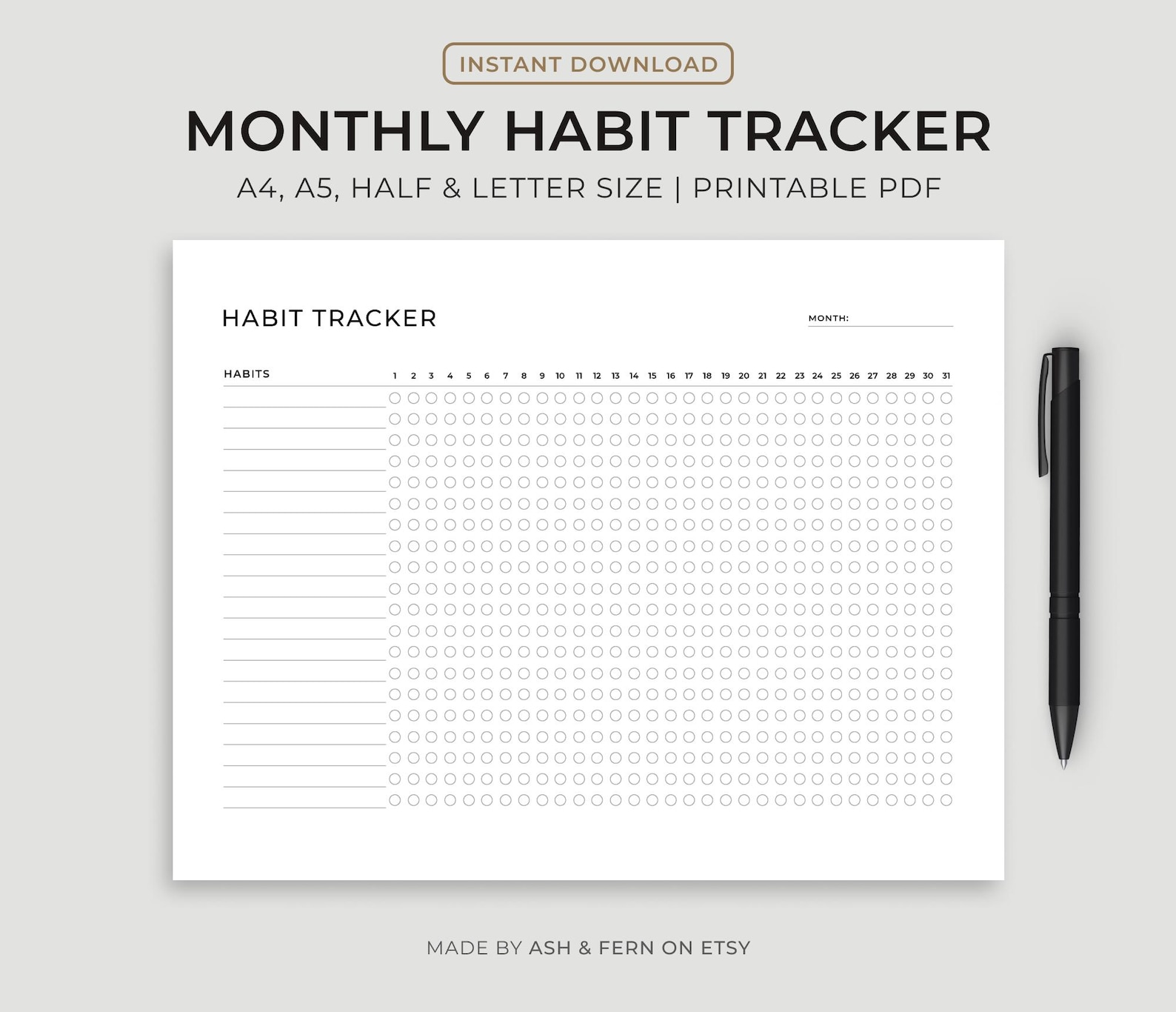 Monthly Habit Tracker Printable: Landscape A4/letter (fillable PDF ...