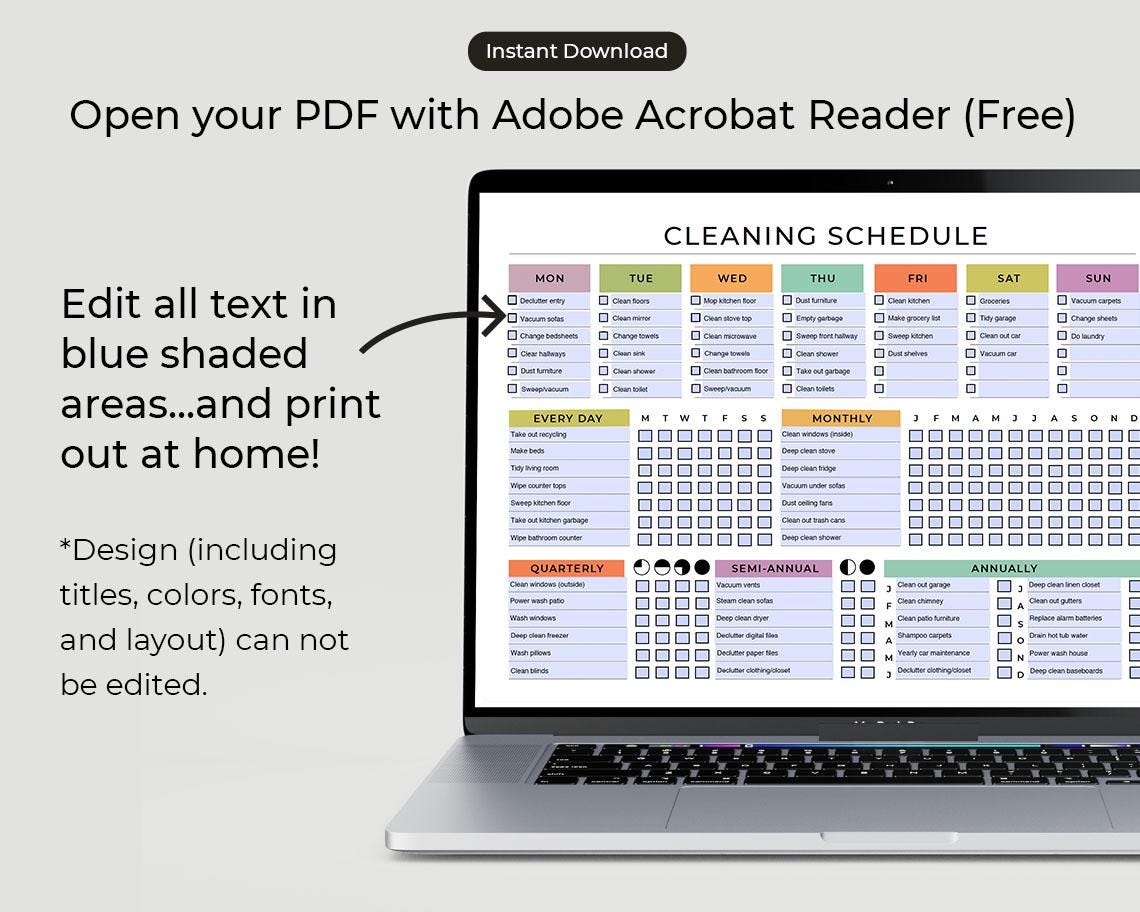 Editable Cleaning Schedule: Colorful Chores Chart (digital Download PDF ...