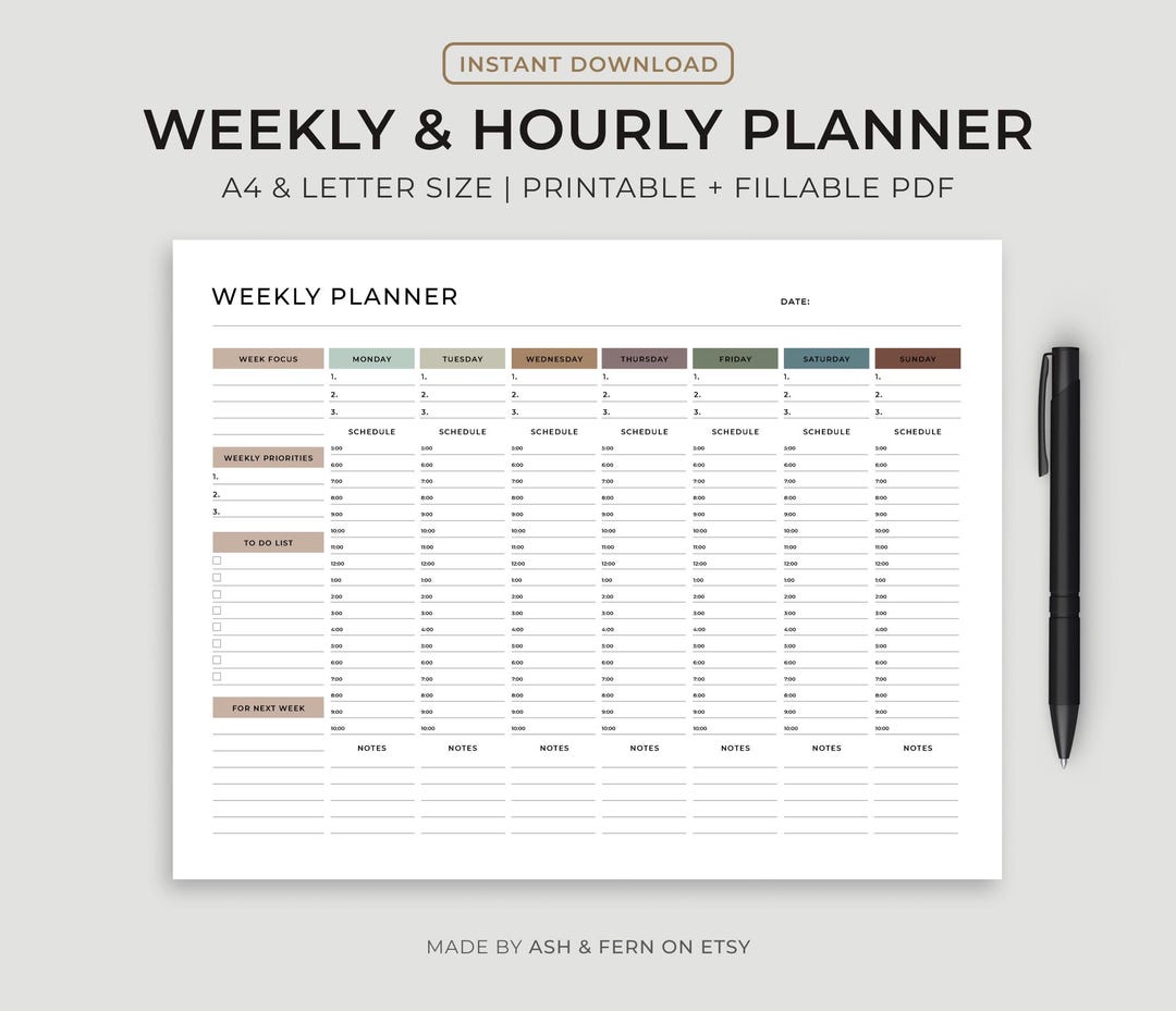 Weekly Hourly Planner EDITABLE Weekly Schedule, Daily Planner, Undated ...
