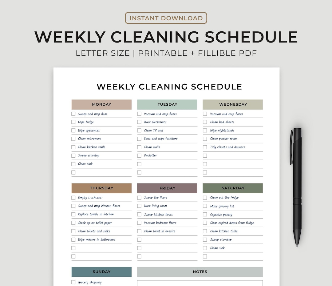 EDITABLE Weekly Cleaning Schedule, Printable, Weekly, Cleaning Planner ...