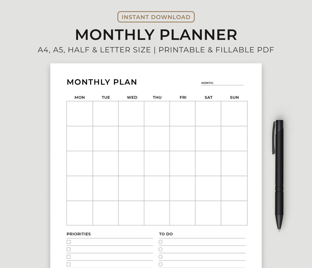 Minimalist Monthly Planner Printable: A4/letter Size (fillable PDF) - Etsy