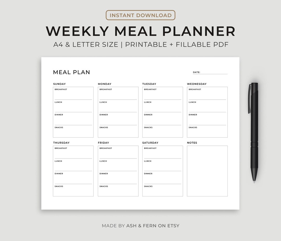 Printable Weekly Meal Planner Landscape, Food Diary, Meal Tracker, Food ...