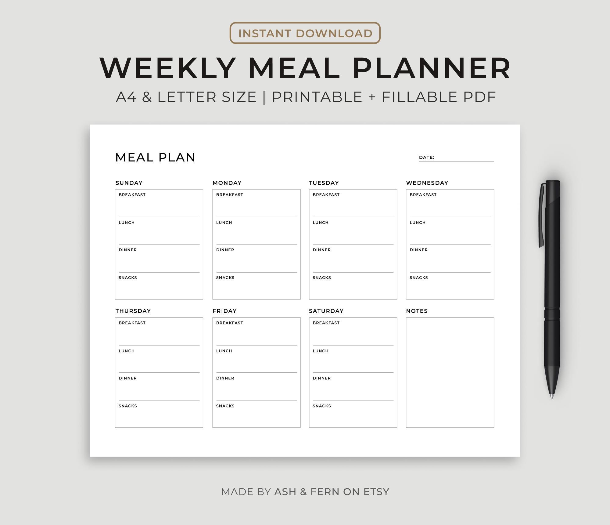 Printable Weekly Meal Planner Landscape, Food Diary, Meal Tracker, Food ...