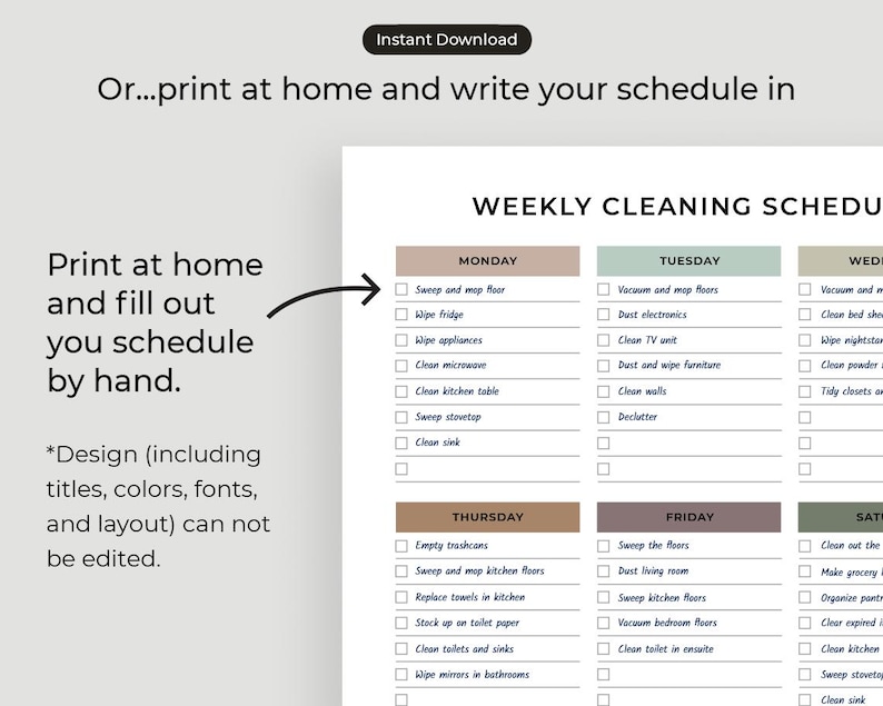 Editable Weekly Cleaning Schedule: Printable Chore Chart (digital ...