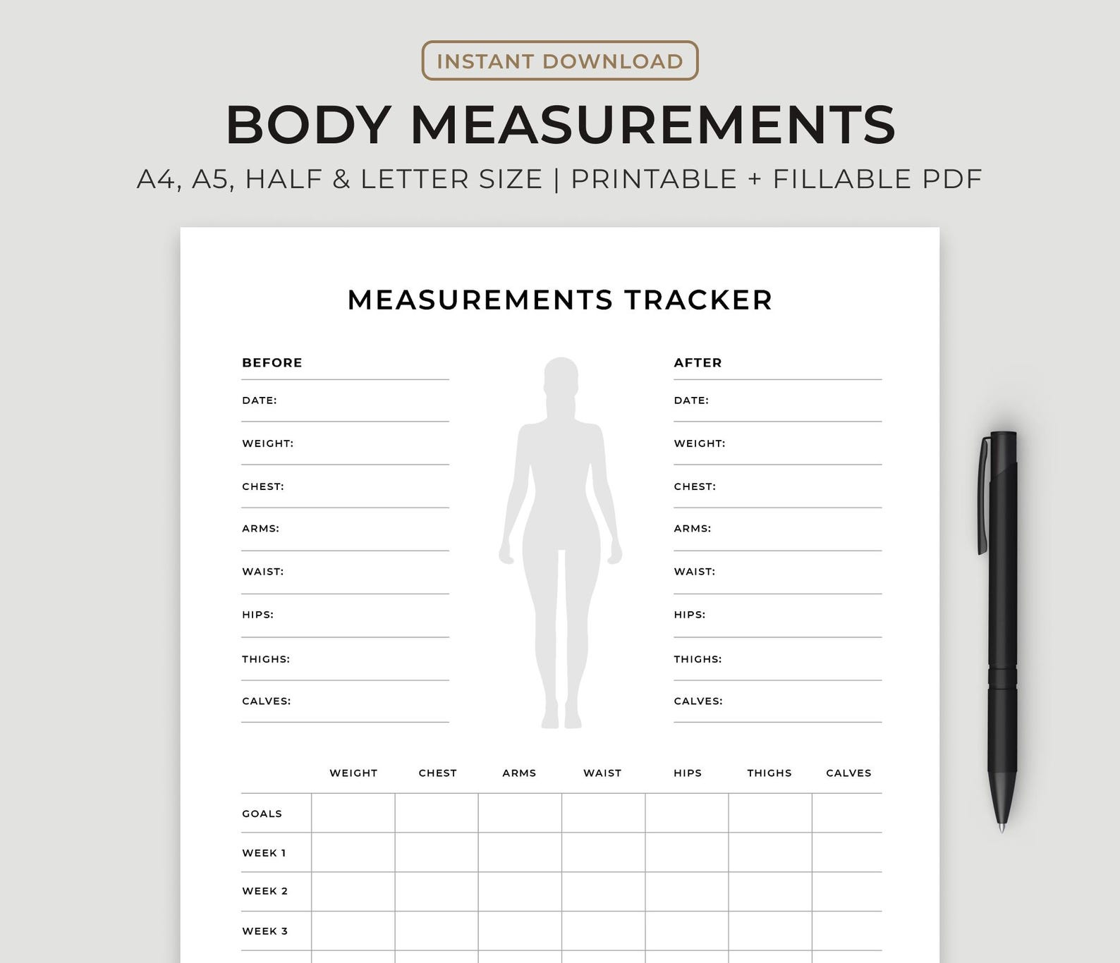 Body Measurements Tracker: 8 Week Fitness Progress Sheet (printable PDF ...