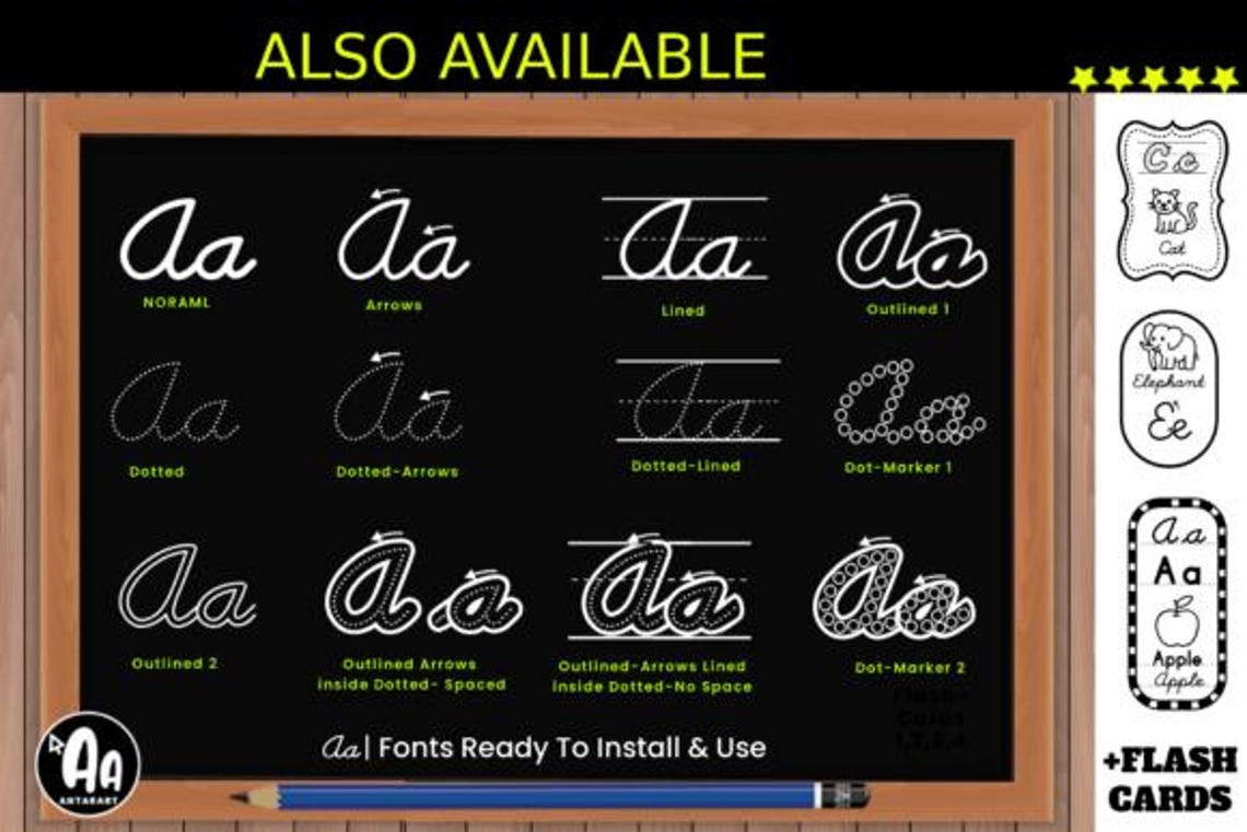 ABCD Cursive Font | Outline Dotted Arrows Lined | Tracing Alphabet Font ...
