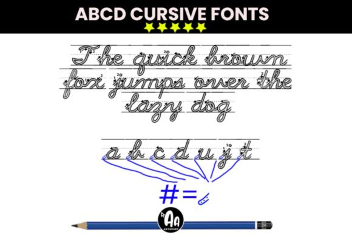 ABCD Cursive Font | Outline Dotted Arrows Lined | Tracing Alphabet Font ...