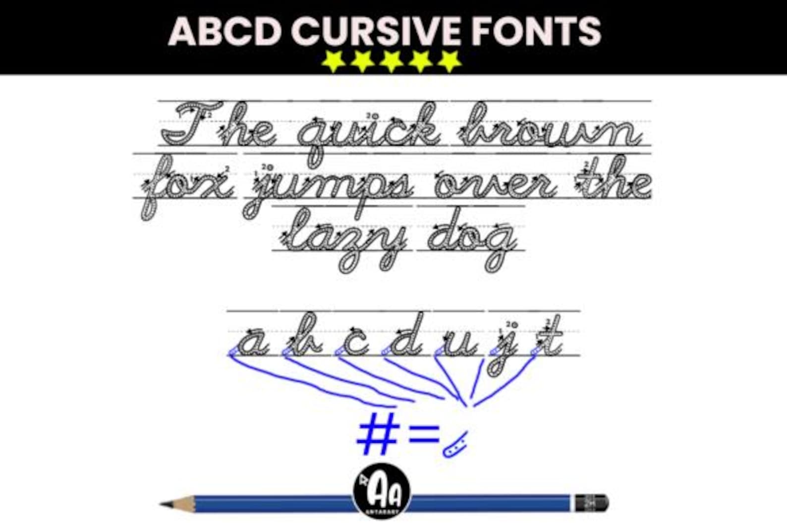 ABCD Cursive Font | Outline Dotted Arrows Lined | Tracing Alphabet Font ...