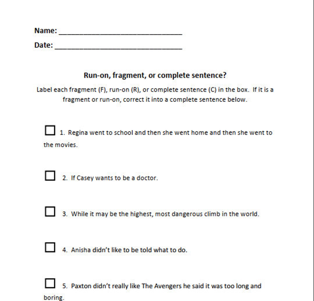 Fragment, Run-on, or Complete Sentence Worksheets (48 Items) - Speech ...