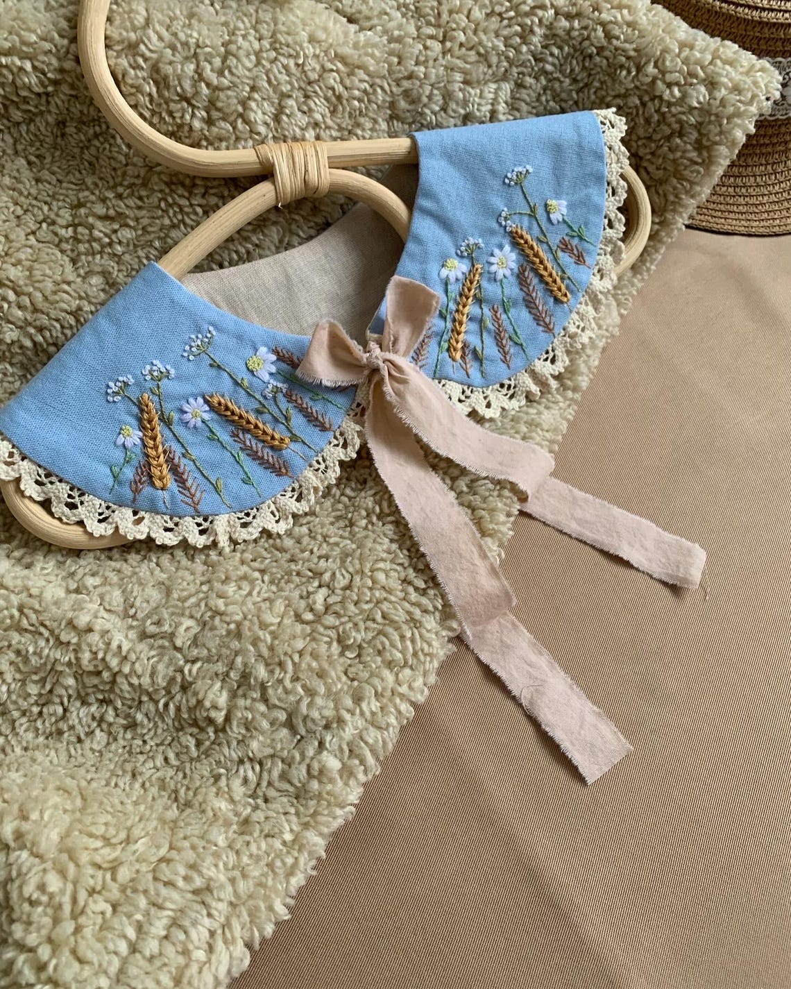 Blue Linen Embroidered Collar Wildflower Embroidered Girl Collar ...