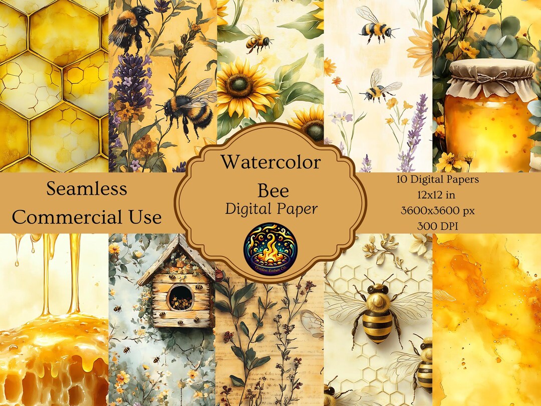 Watercolor Bee Digital Paper, Scrapbooking Printable, Seamless Pattern ...