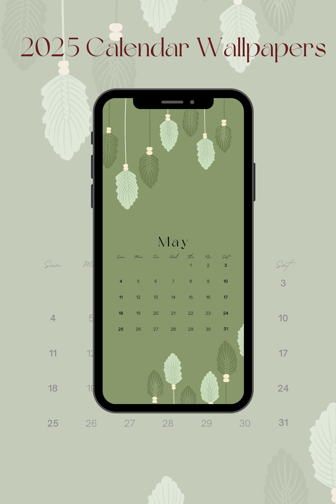2025 Green Aesthetic Calendar Phone Wallpapers Minimalist Nature ...