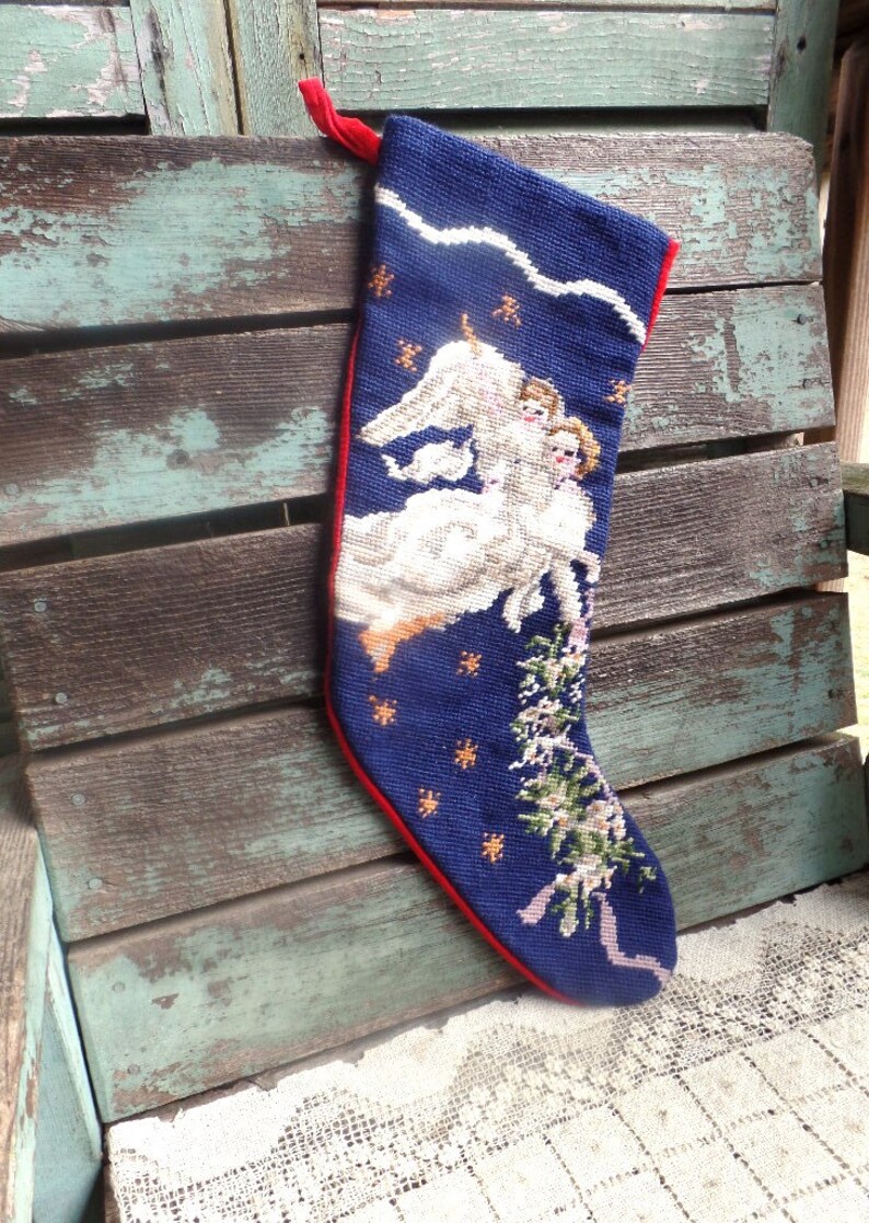 Vintage Needlepoint Christmas Stocking Angels Mistletoe - Etsy