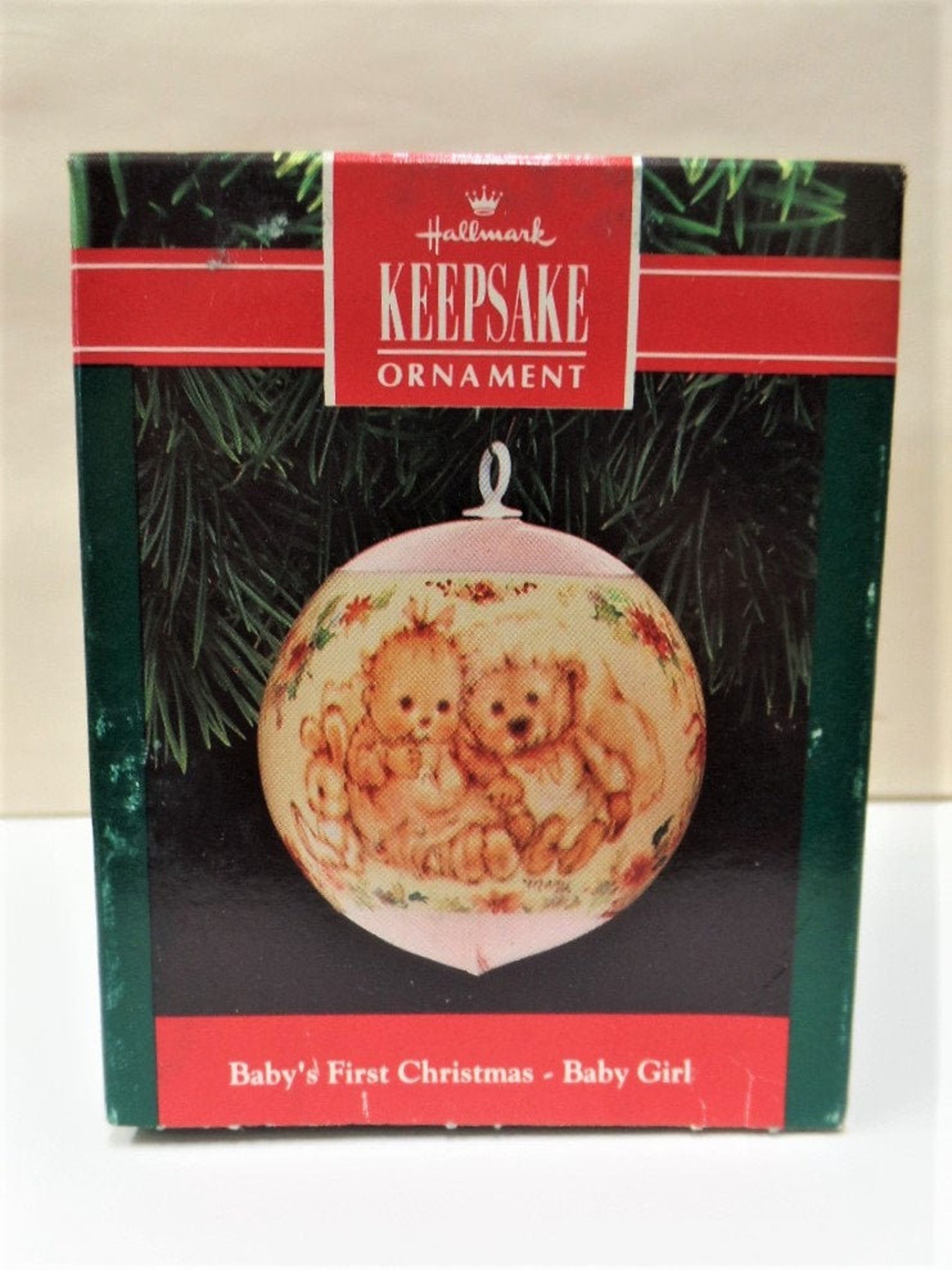 Hallmark Baby's First Christmas Satin Ornament 1991 NOS Baby Girl Teddy ...