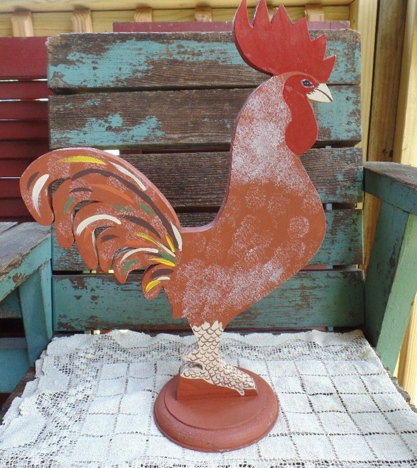 Large Handmade Folk Art Wood Rooster Hand Painted Country Art - Etsy