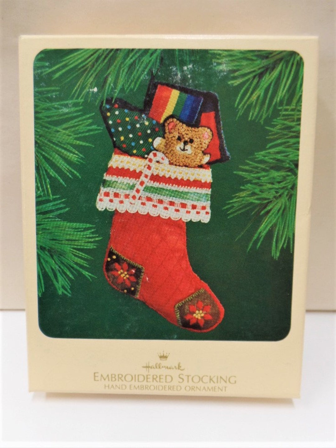 Hallmark Embroidered Stocking Christmas Ornament 1983 NOS Hand ...